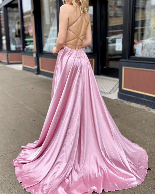 Rose Pink Prom Dresses Long Open Back With Pockets – coloredwedding